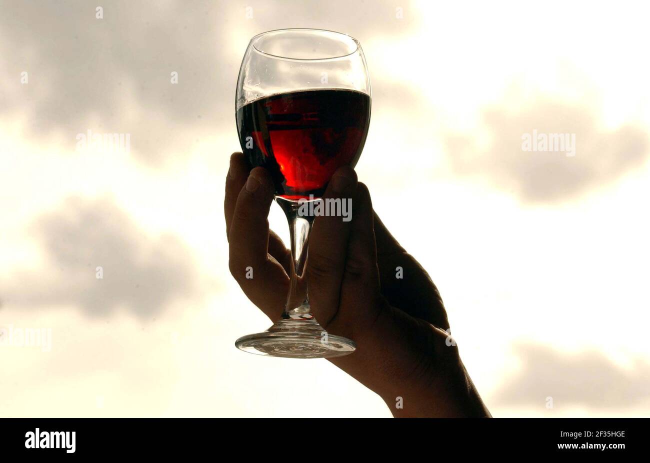Glass of wine being raised. Sky background Stock Photo - Alamy