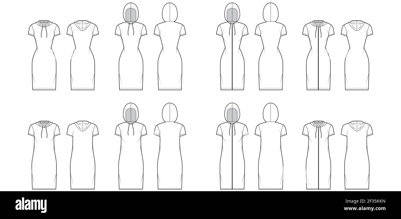 Set of Zip-up Hoody dresses technical fashion illustration with short ...