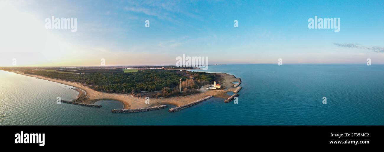 Bibione lighthouse from above at sunset in a panoramic view-Italy Stock ...