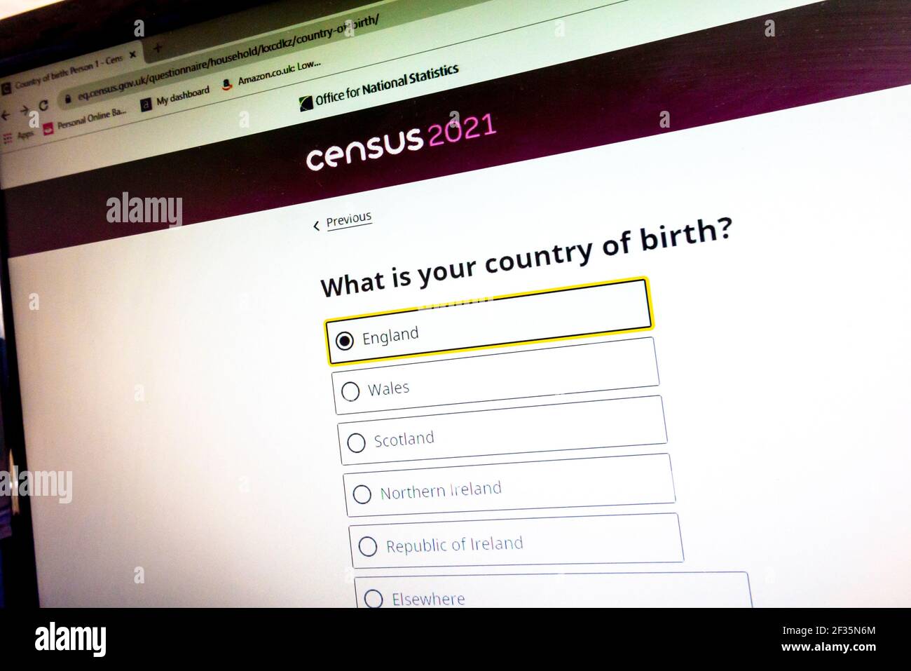 Computer screen showing questions about country of birth from the UK ...