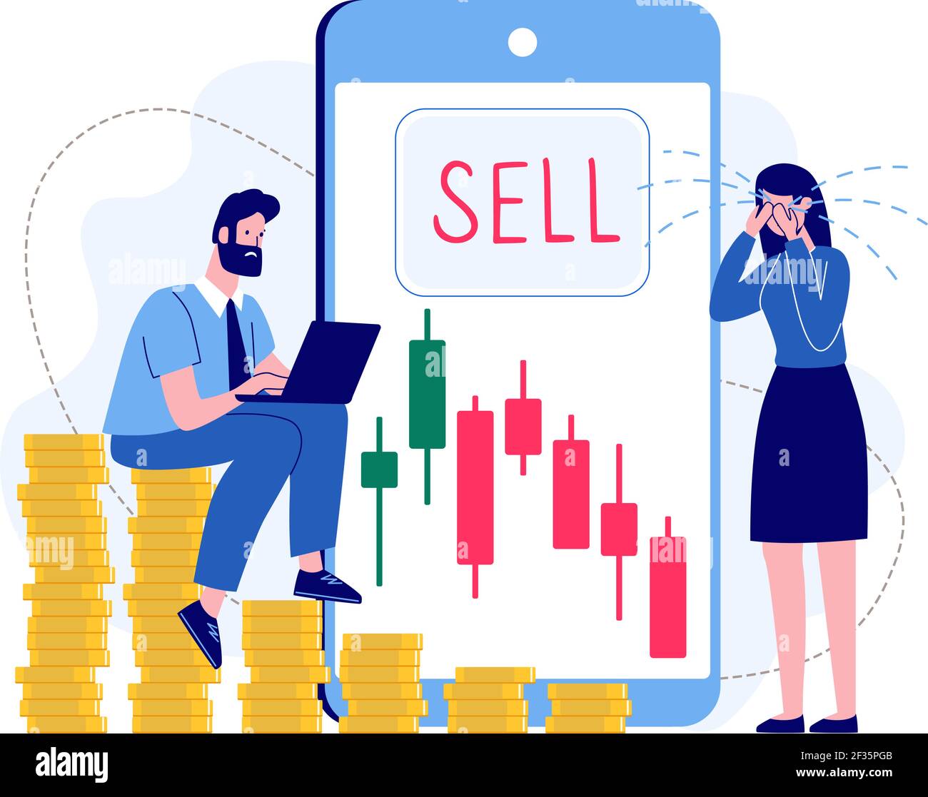 Woman, man and bearish stock market. The girl is crying because of ...