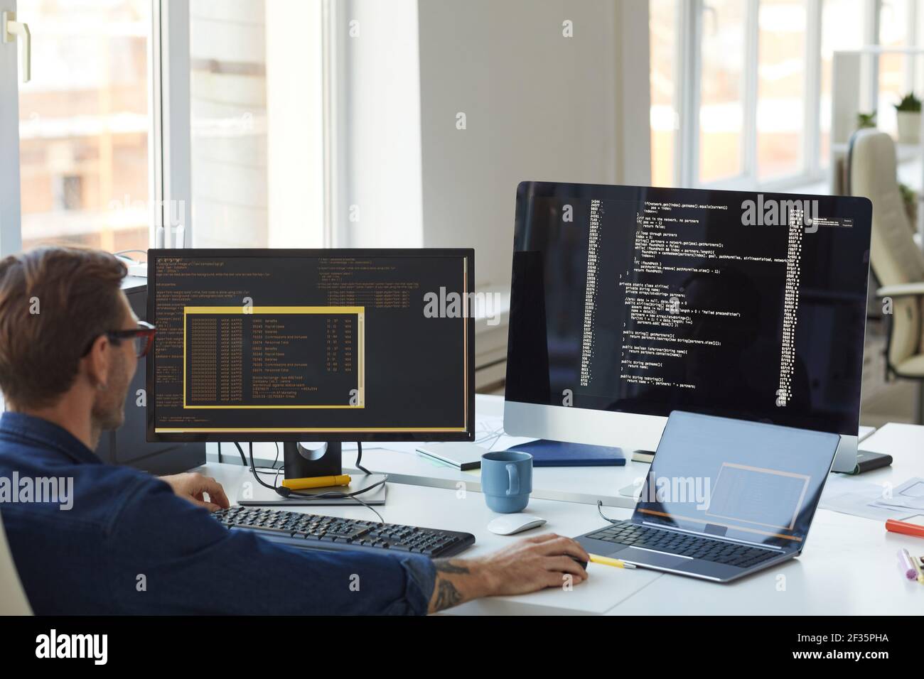 Back view portrait of male programmer writing code at computer screen ...