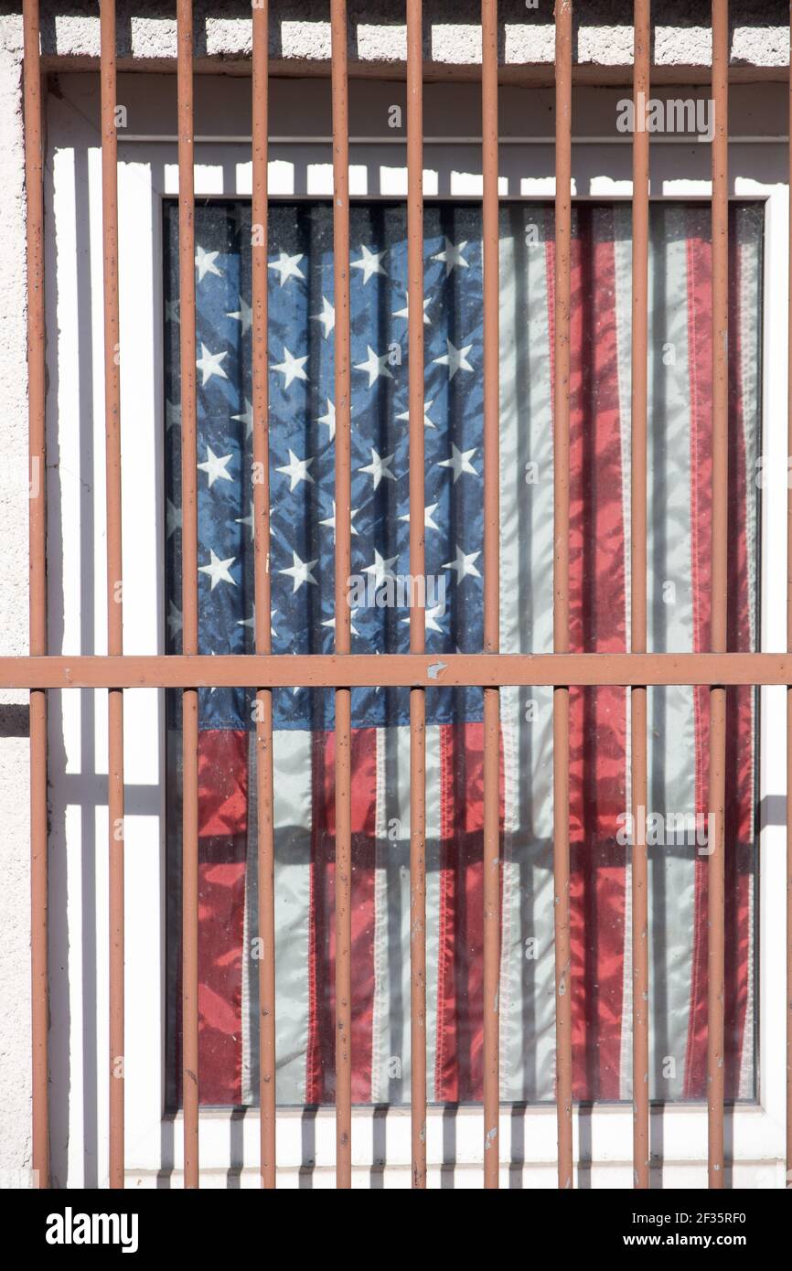 US national flag behind bars, Poland. March 10th 2021 © Wojciech ...