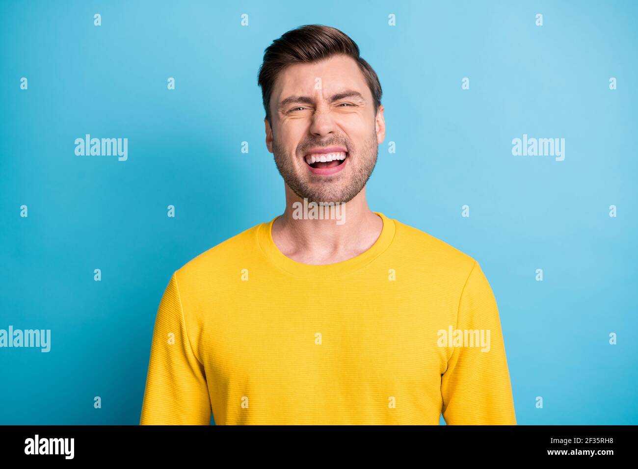 Portrait of satisfied person laughing loud look camera have great time ...
