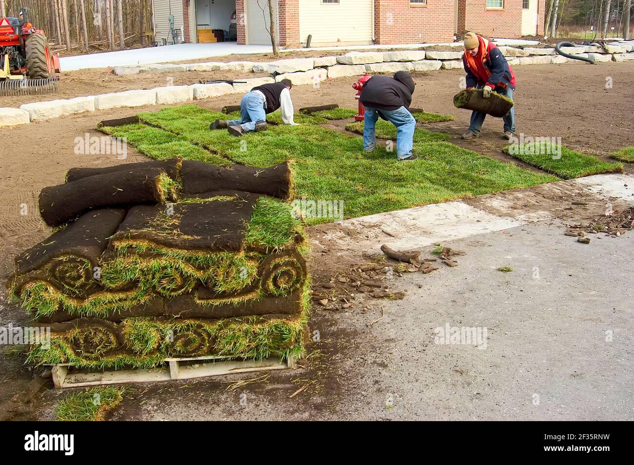 Workers lay and install new grass lawn with sod in a new residential ...