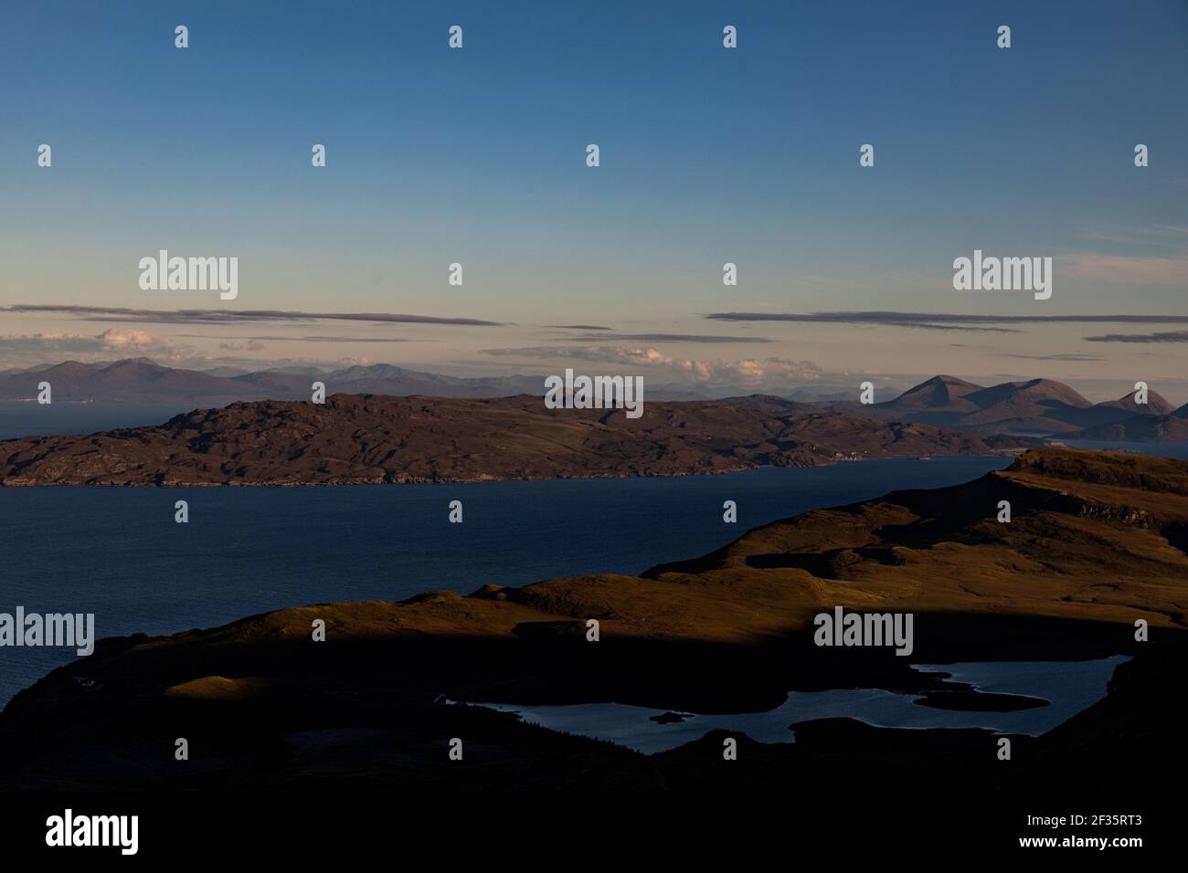 General view skyline from the Storr in Skye at sunset, Scotland Stock ...
