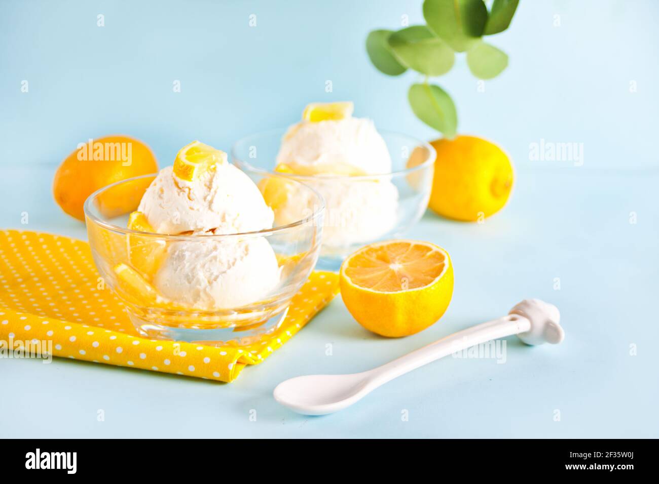 Homemade fresh lemon ice cream with lemon slices. Summer dessert Stock ...