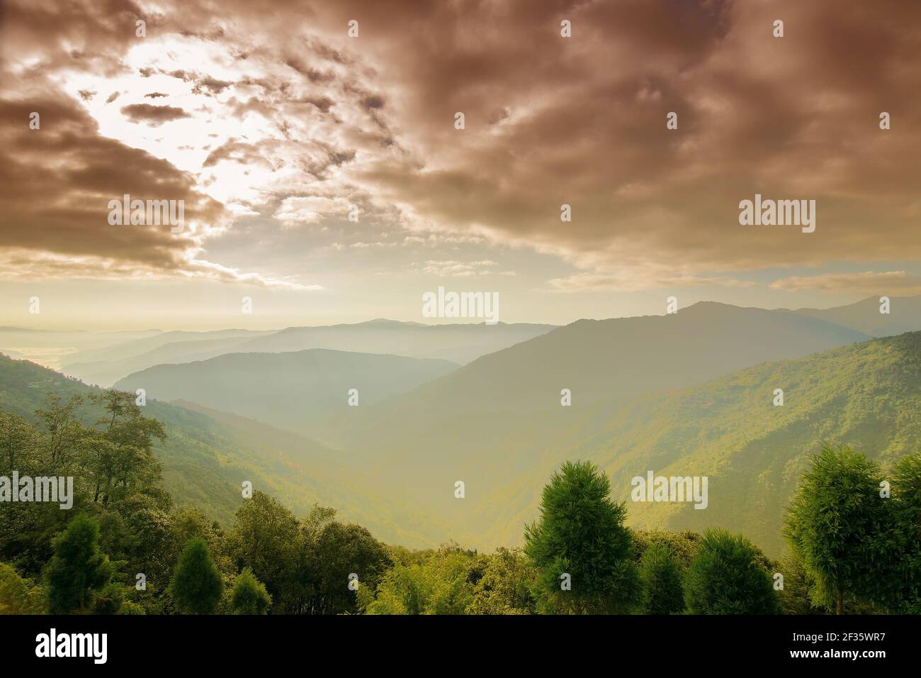 Beautiful scenic view of Rinchenpong, Sikkim. Cloudy sky above ...