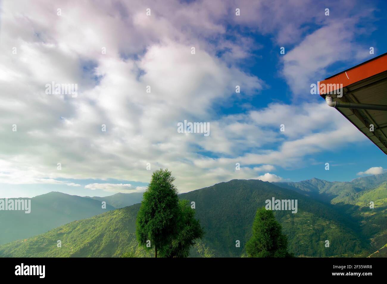 Beautiful scenic view of Rinchenpong, Sikkim. Cloudy sky above ...