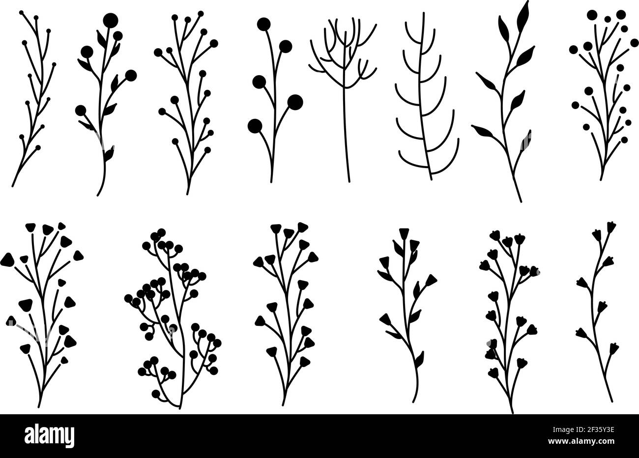 Collection of minimalistic simple floral elements. Graphic sketch ...
