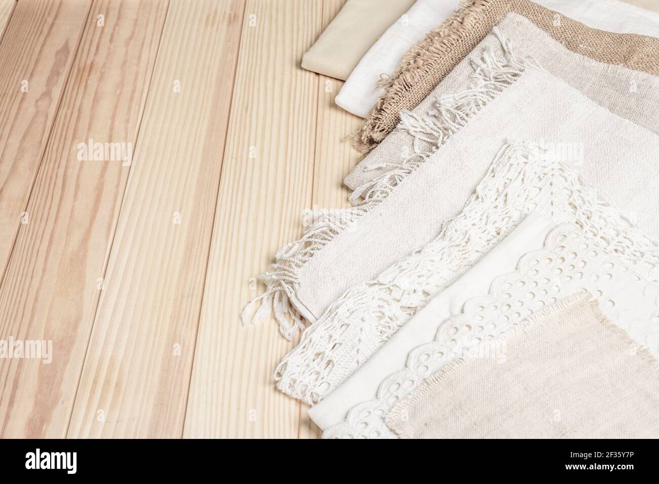 Collection of vintage pieces of fabric. Various types of textile, hobby ...