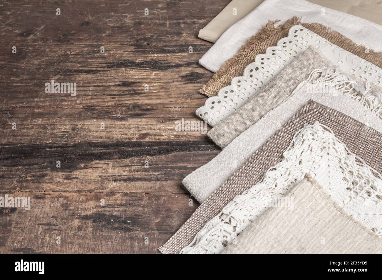 Collection of vintage pieces of fabric. Various types of textile, hobby ...