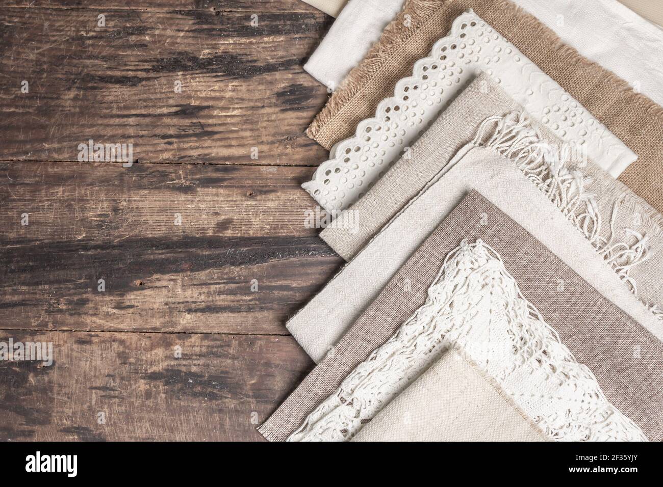 Collection of vintage pieces of fabric. Various types of textile, hobby ...