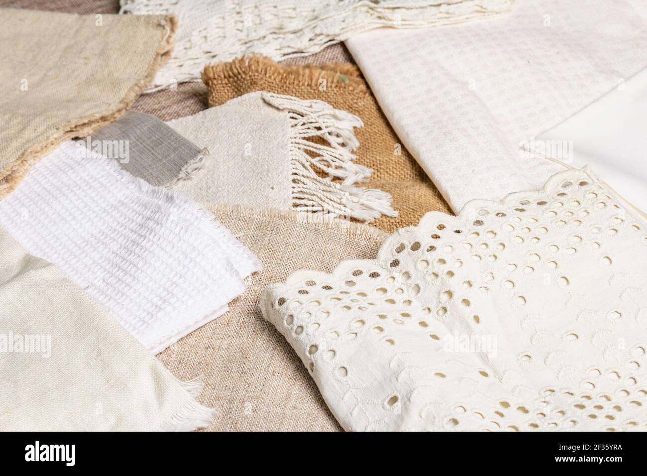 Collection of vintage pieces of fabric. Various types of textile, hobby ...