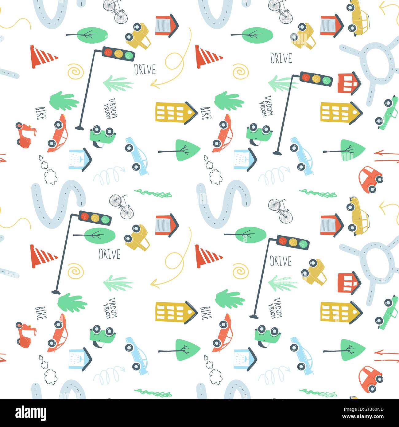 endless pattern set city cars traffic lights road. simple hand drawing ...