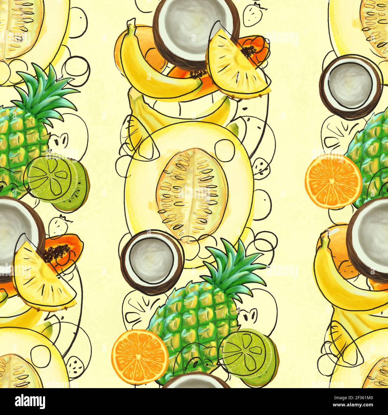 Hand drawn seamless pattern. Summer background with exotic fruits Stock ...