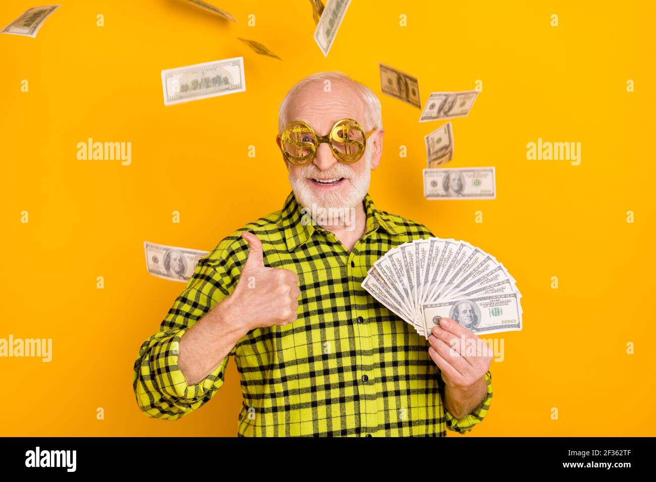 Photo of man happy positive smile show thumb-up cool like fine money ...