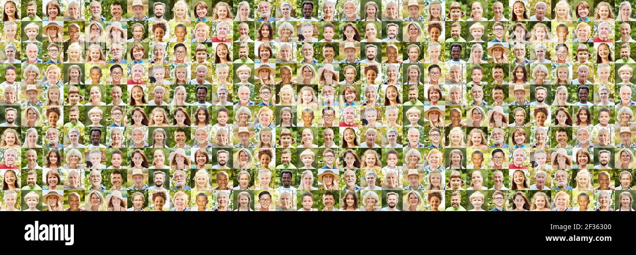People of different generations outdoor as a panorama portrait collage ...
