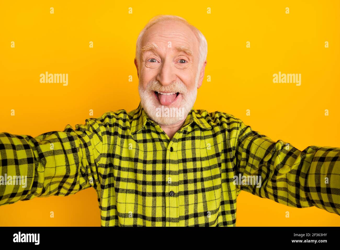 Photo of funny old man pensioner happy positive smile grimace fooling ...