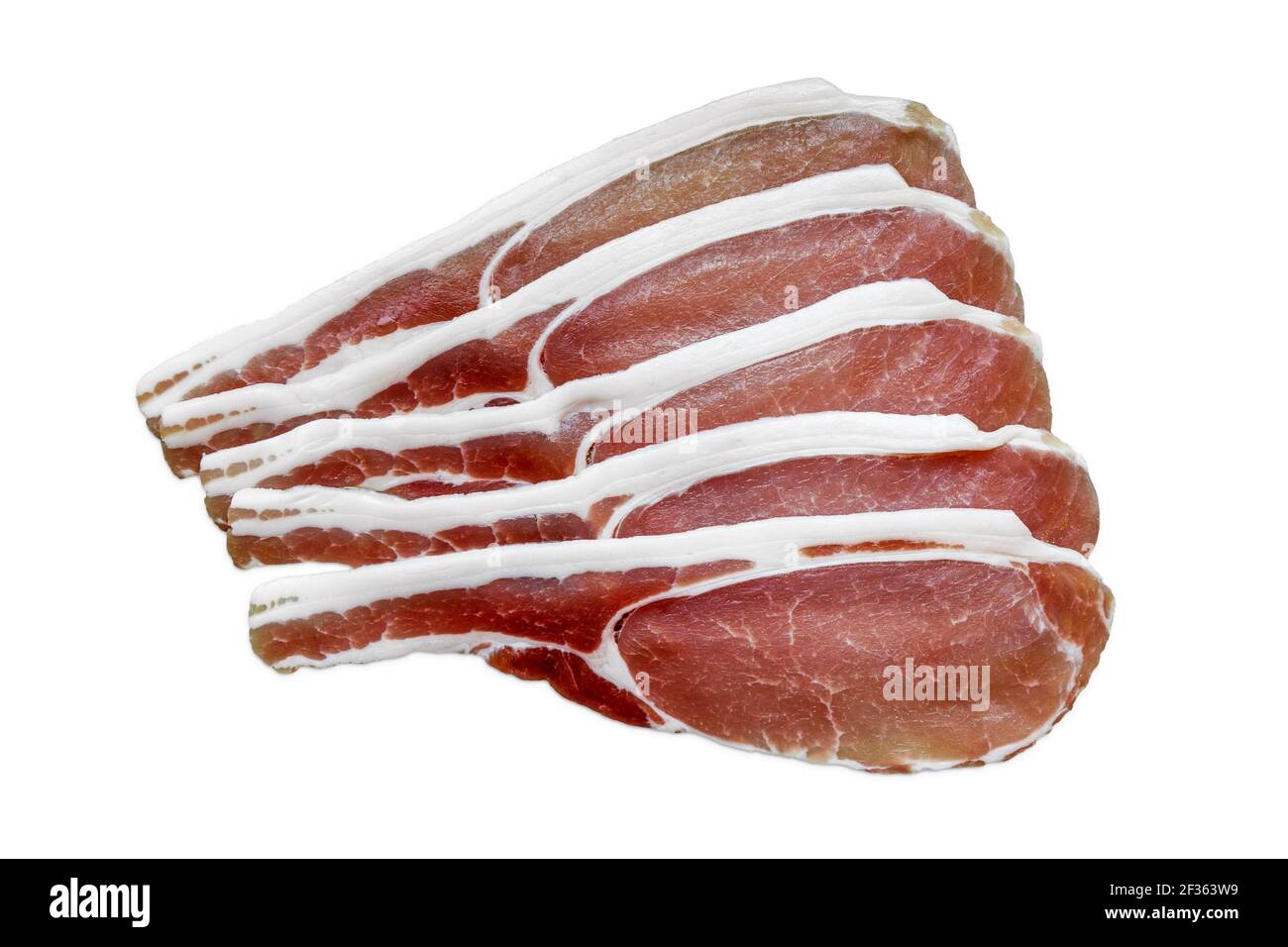 Five rashers of unsmoked dry-cured back bacon isolated on a white ...