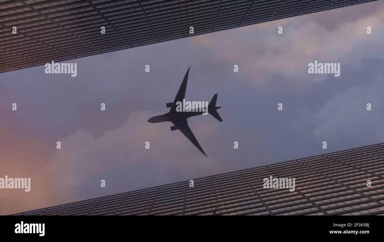 Airplane flying over the top big city skyscraper office buildings. 3d ...