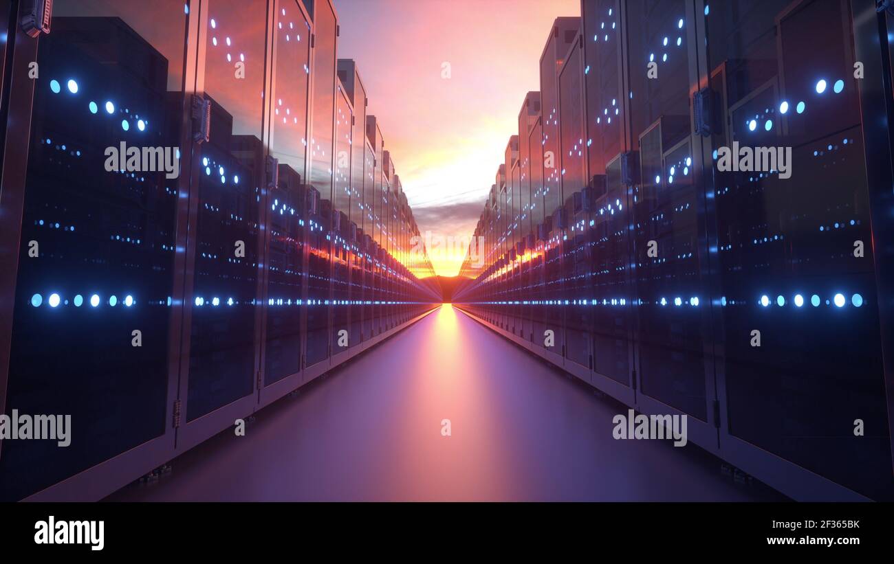 Rows of network servers against blue sky with clouds. Cloud computing ...