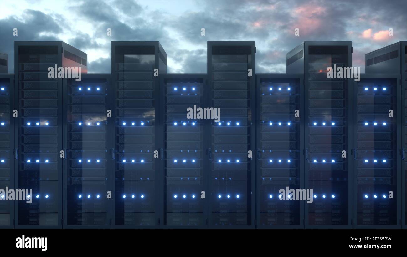 Rows of network servers against blue sky with clouds. Cloud computing ...