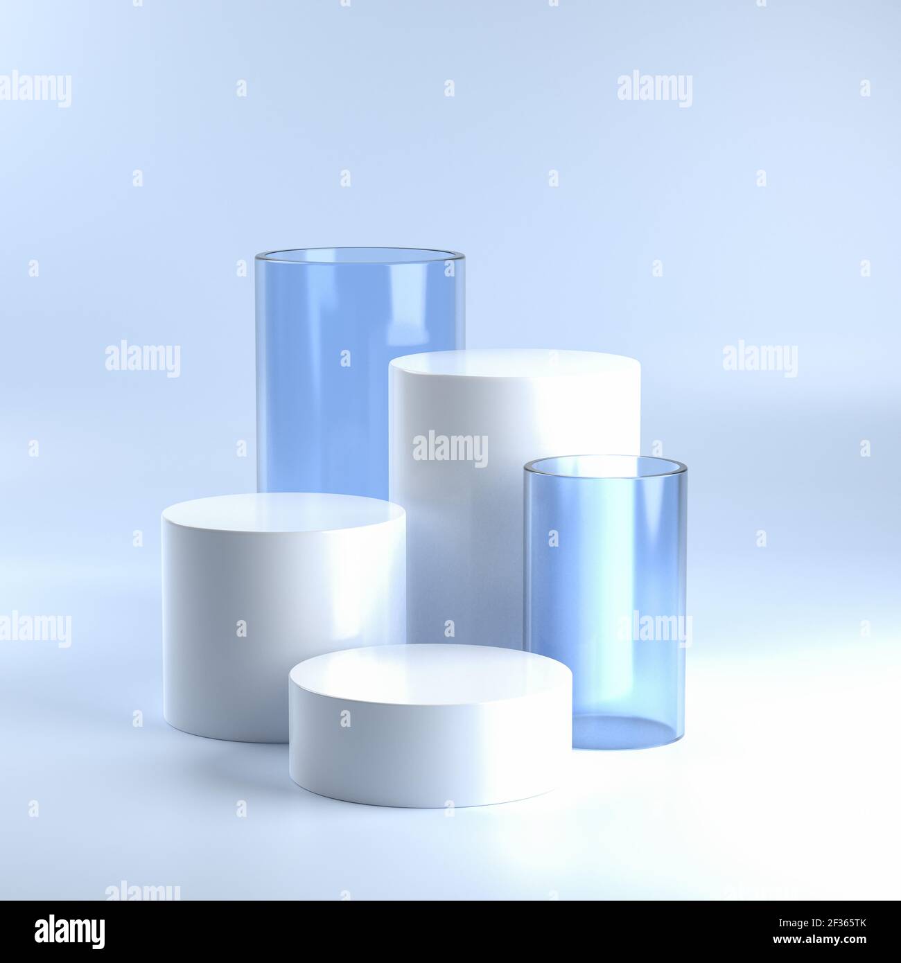 White cylinder shaped stand or pedestal for products with blue glass ...