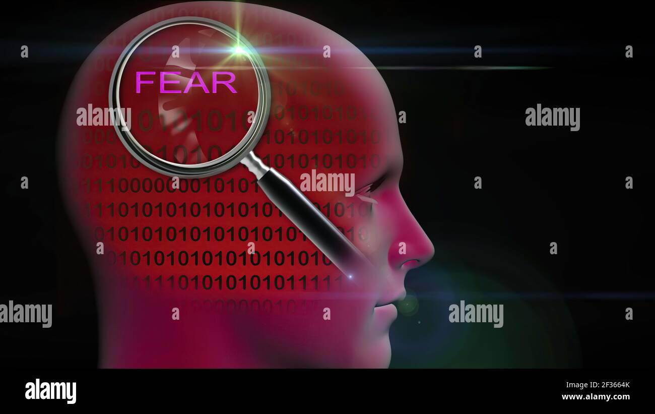 3D illustration - profile of a man with close up of magnifying glass on ...