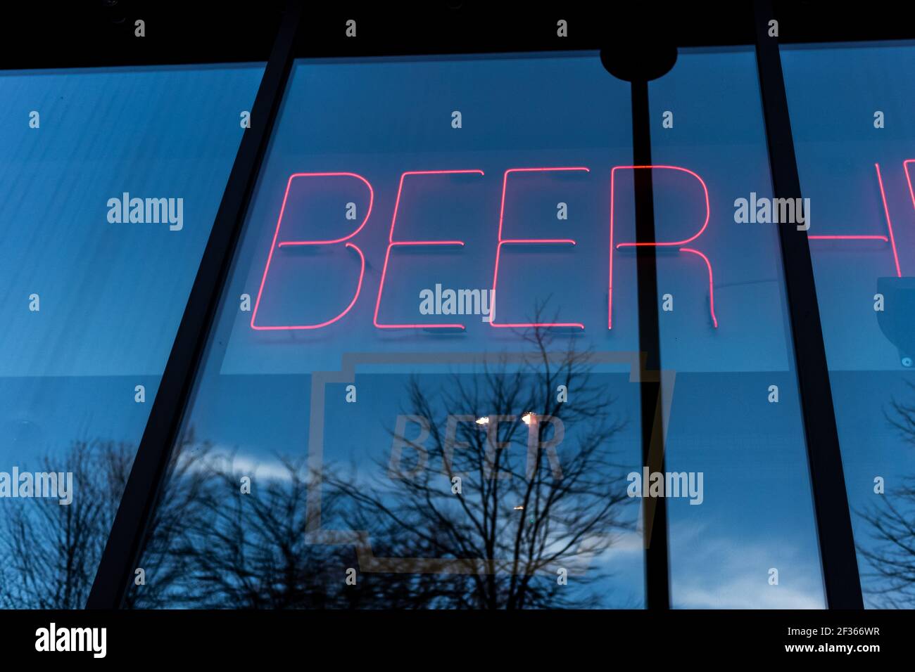 Newcastle upon Tyne/UK - 8th Jan 2020: Beer neon sign in bar window ...