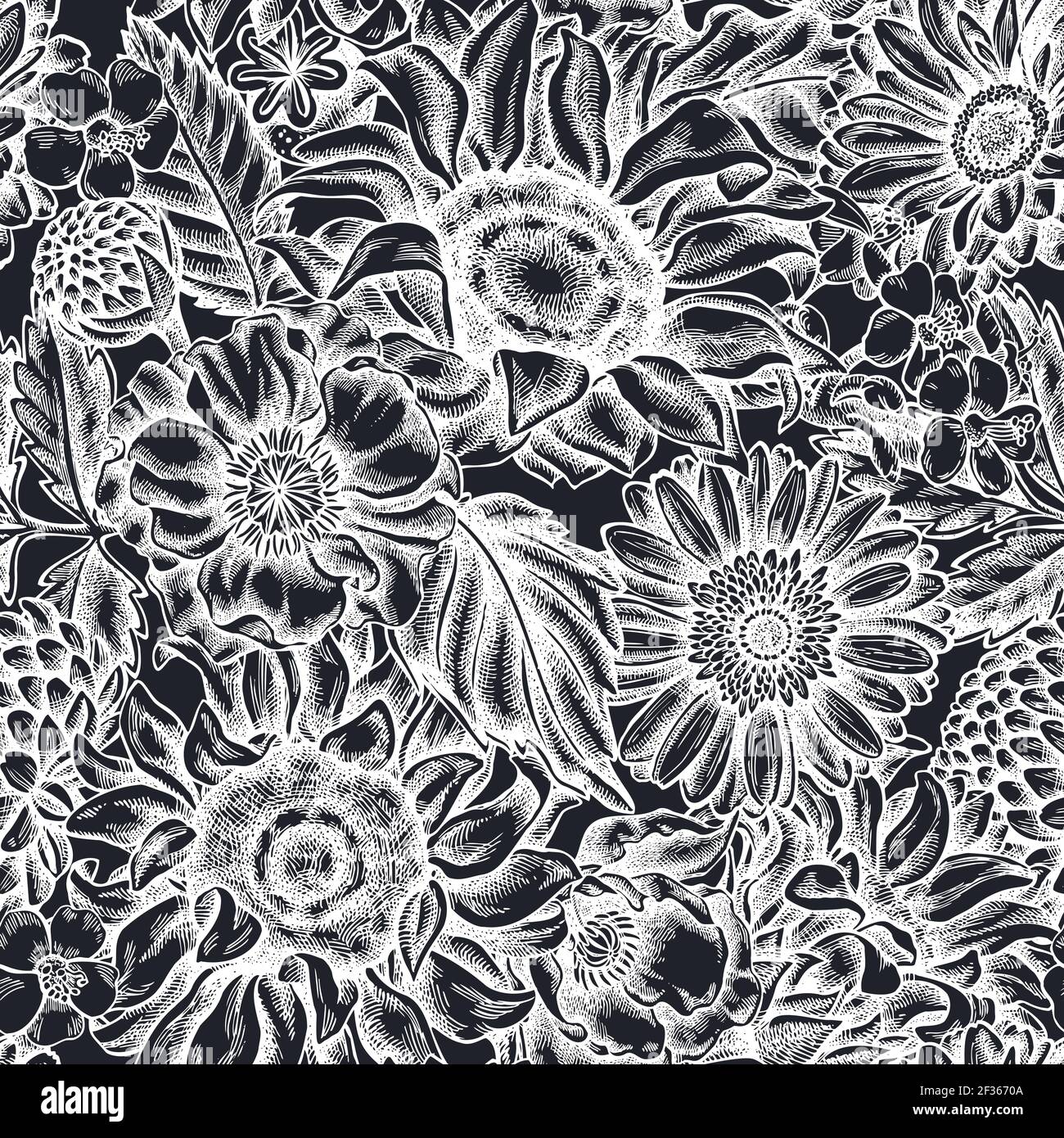 Seamless pattern with hand drawn chalk poppy flower, gerbera, sunflower ...