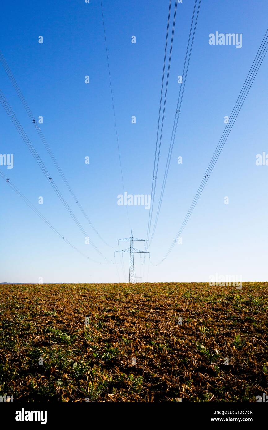 Power Line, Overhead Power Line, In A Field, Power Lines And Power Pole ...