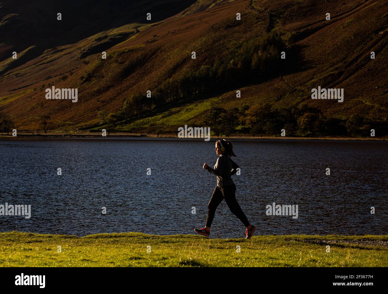 A runner in lake Buttermere in the Lake District, Cumbria Stock Photo ...