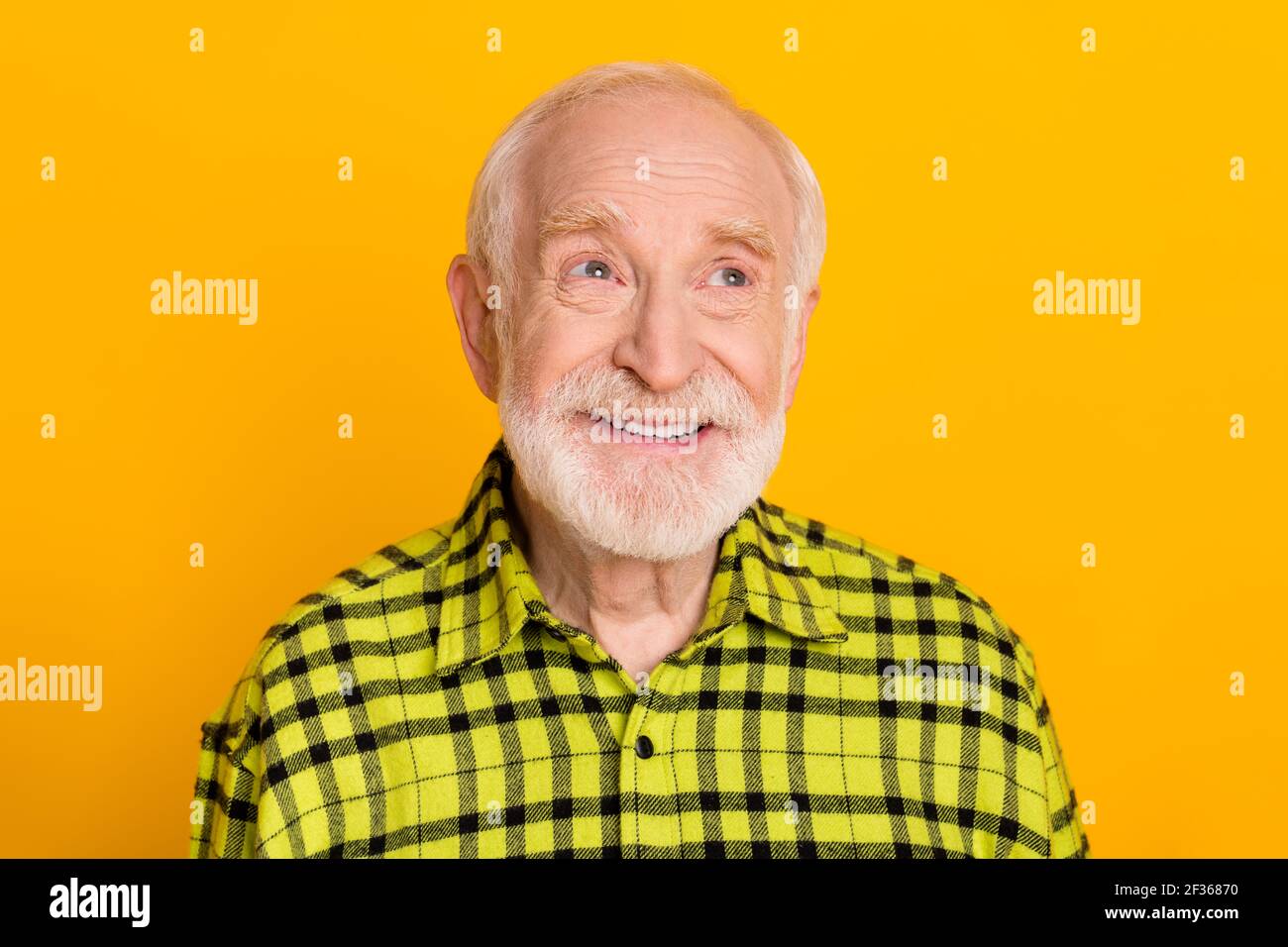 Photo of aged man happy positive smile dream dreamy look empty space ...