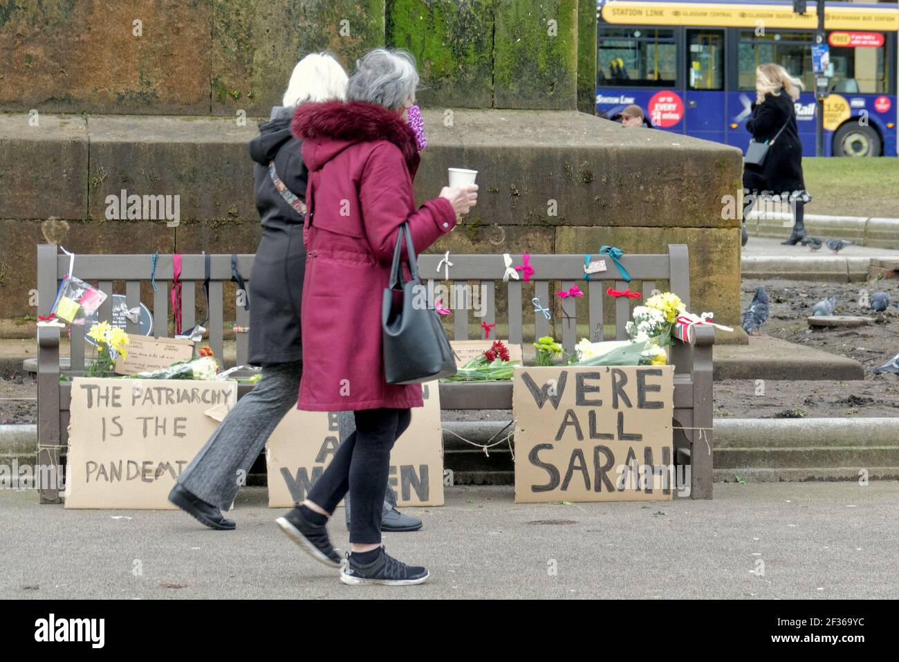Glasgow, Scotland, UK 15th March, 2021. Sarah Everard tributes saw the ...