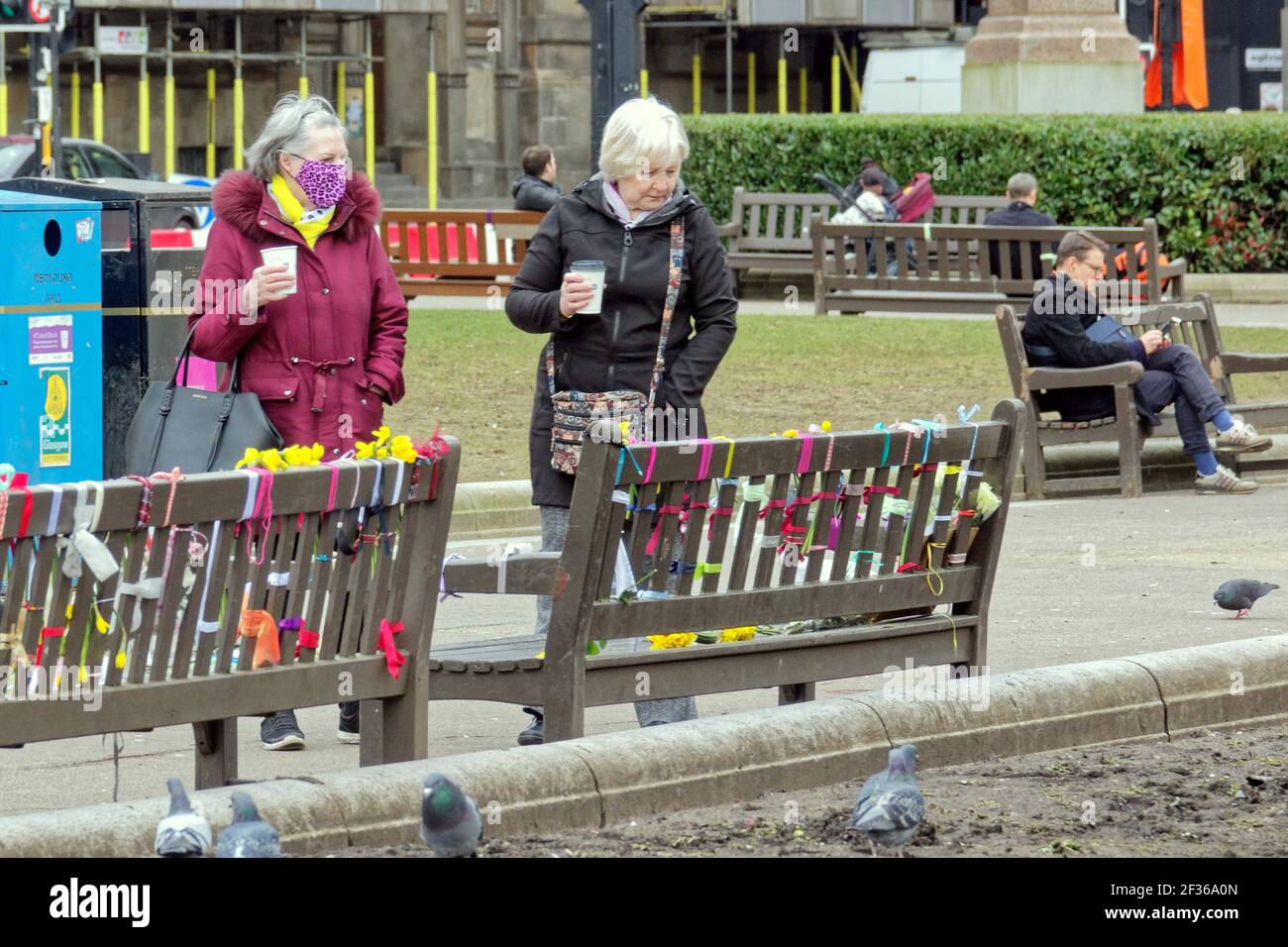 Glasgow, Scotland, UK 15th March, 2021. Sarah Everard tributes saw the ...