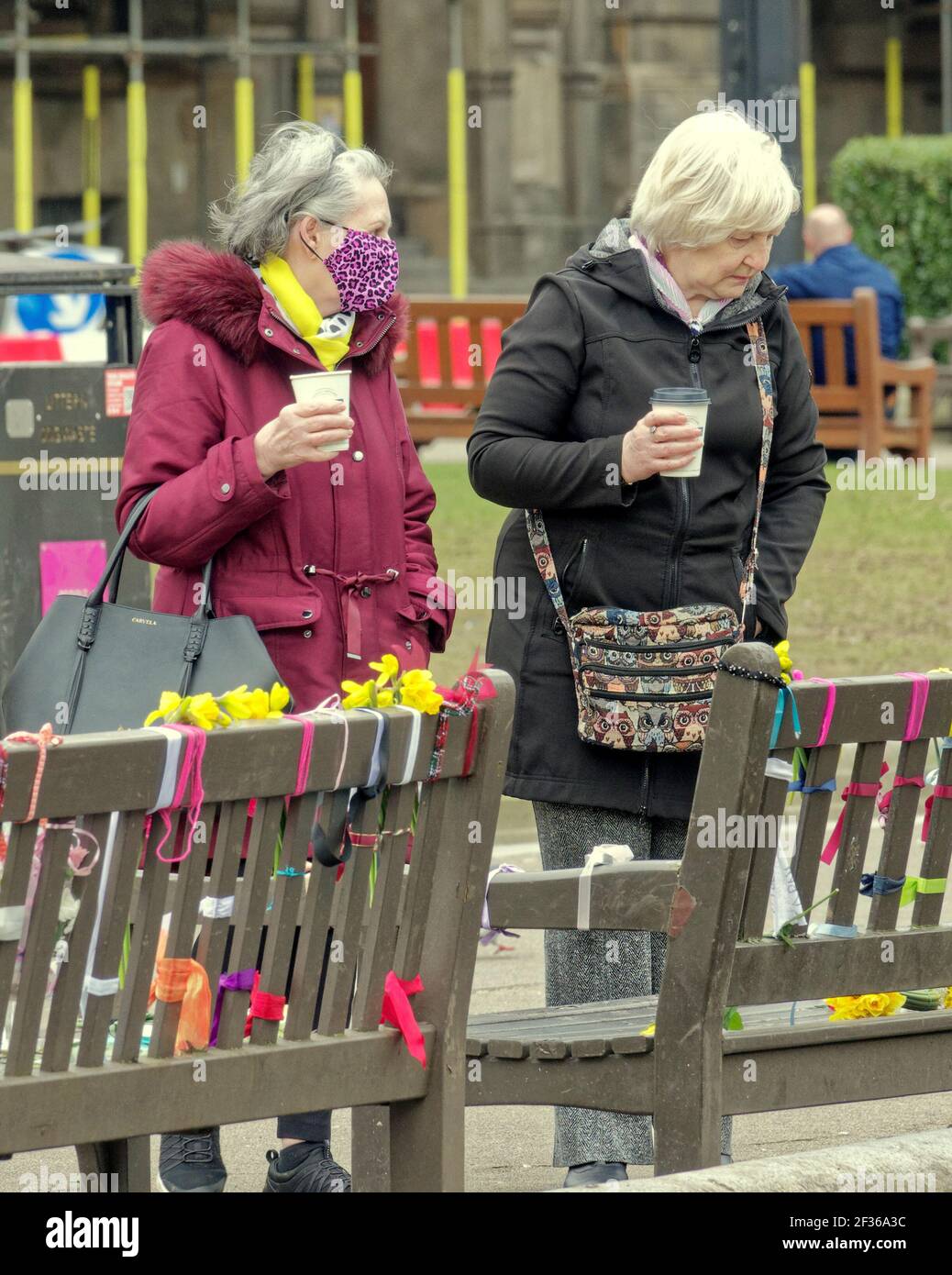 Glasgow, Scotland, UK 15th March, 2021. Sarah Everard tributes saw the ...