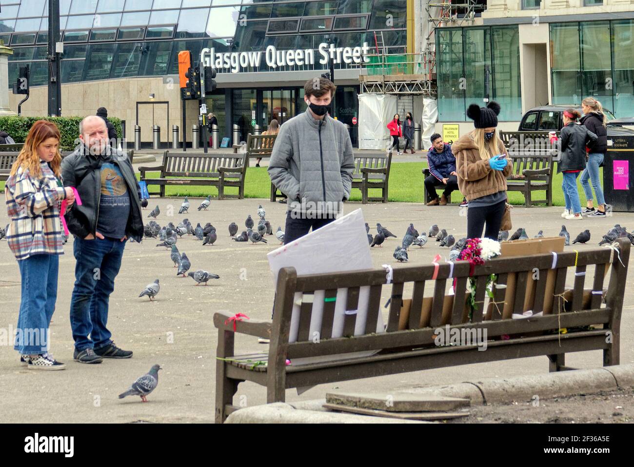 Glasgow, Scotland, UK 15th March, 2021. Sarah Everard tributes saw the ...