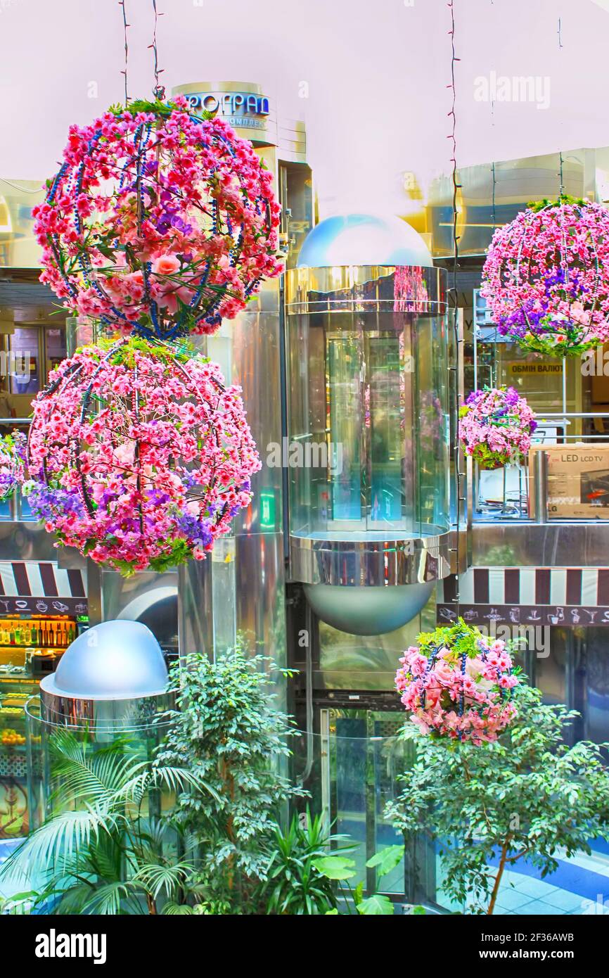 KYIV, UKRAINE - JUNE 23, 2012: Interior of underground shopping center ...