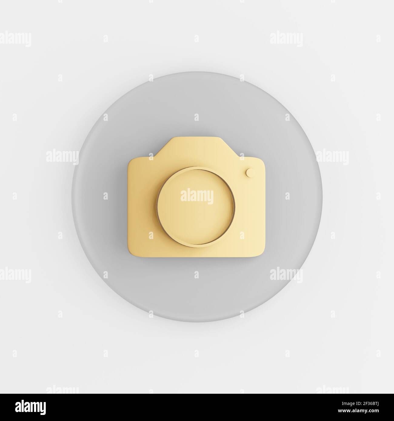 Gold photo camera icon in flat style. 3d rendering gray round key button, interface ui ux ...