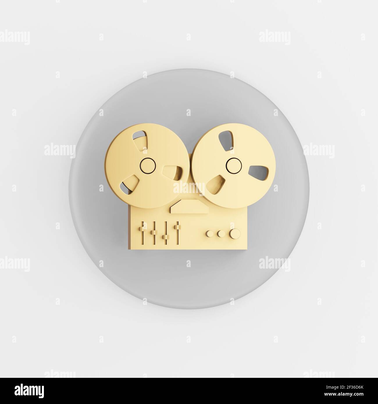 Golden bobbin tape recorder icon. 3d rendering gray round key button, interface ui ux element ...