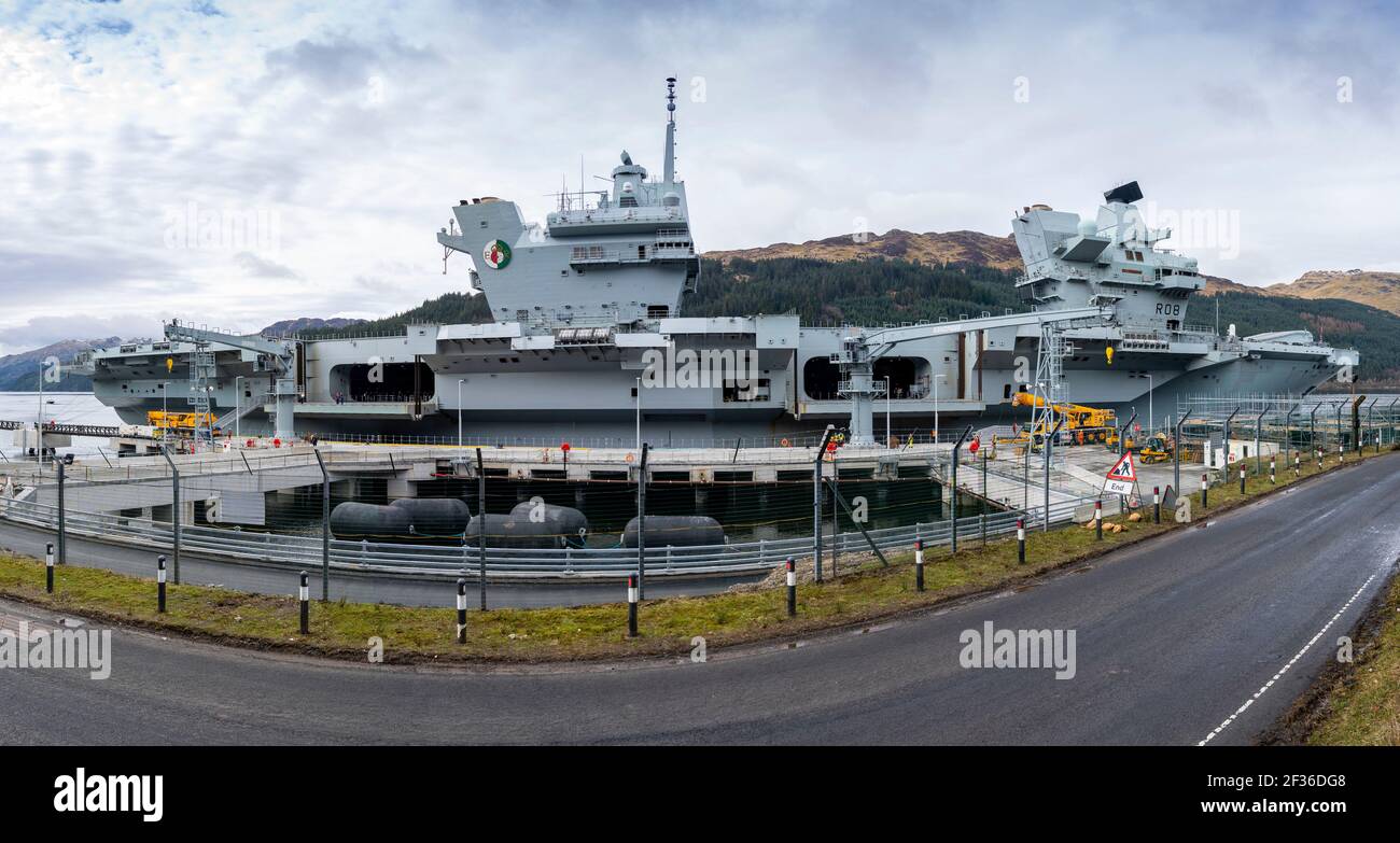 Finnart, Scotland, UK. 15 March 2021. Royal Navy aircraft carrier HMS ...