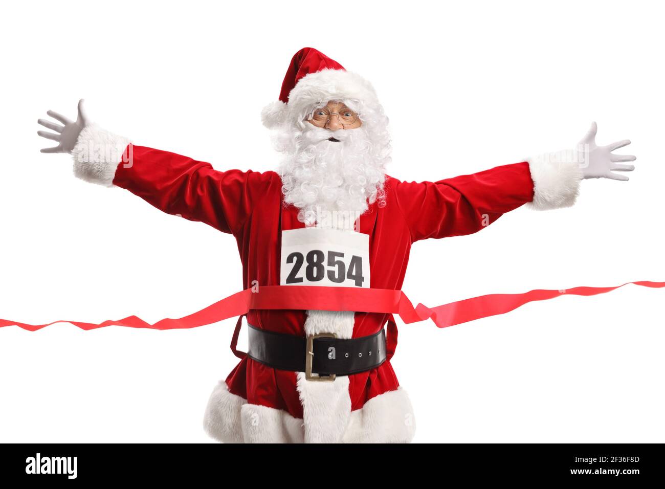 Happy Santa Claus on the finish line of a race isolated on white ...