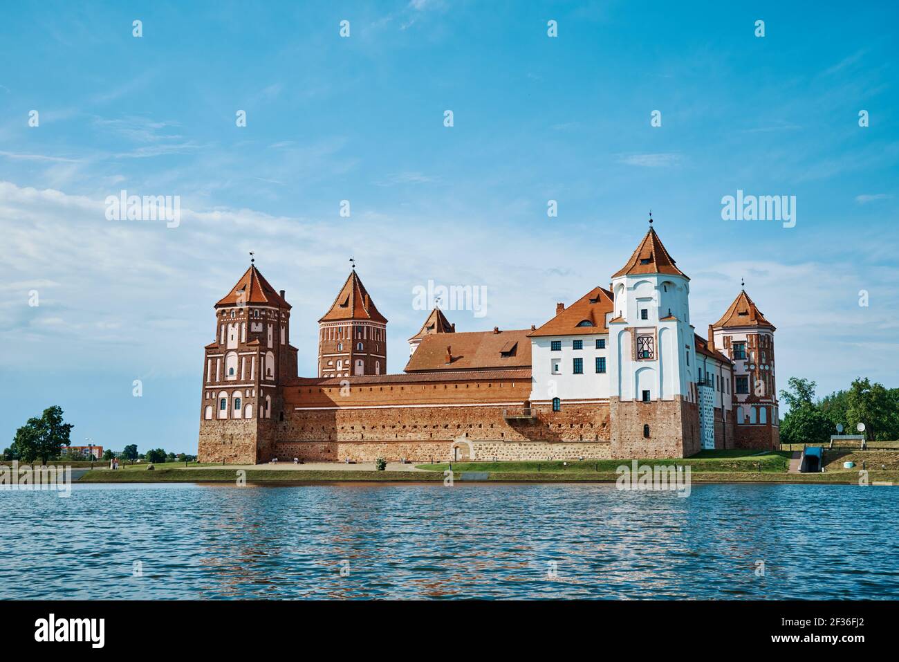 Mir castle complex in summer day with blue cloudy sky. Tourism landmark ...
