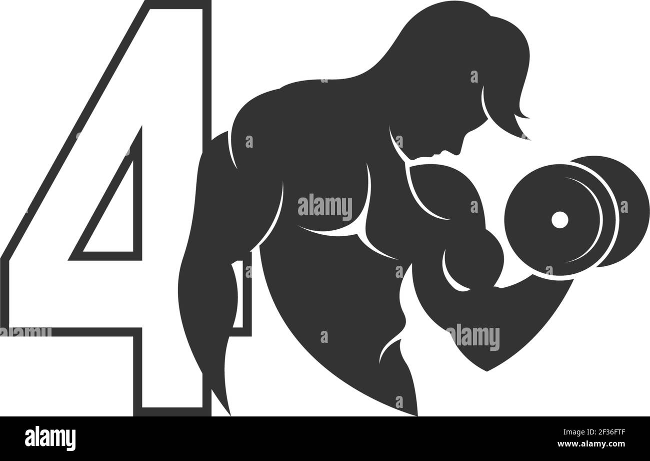 Number 4 logo icon with a person holding barbell design vector ...