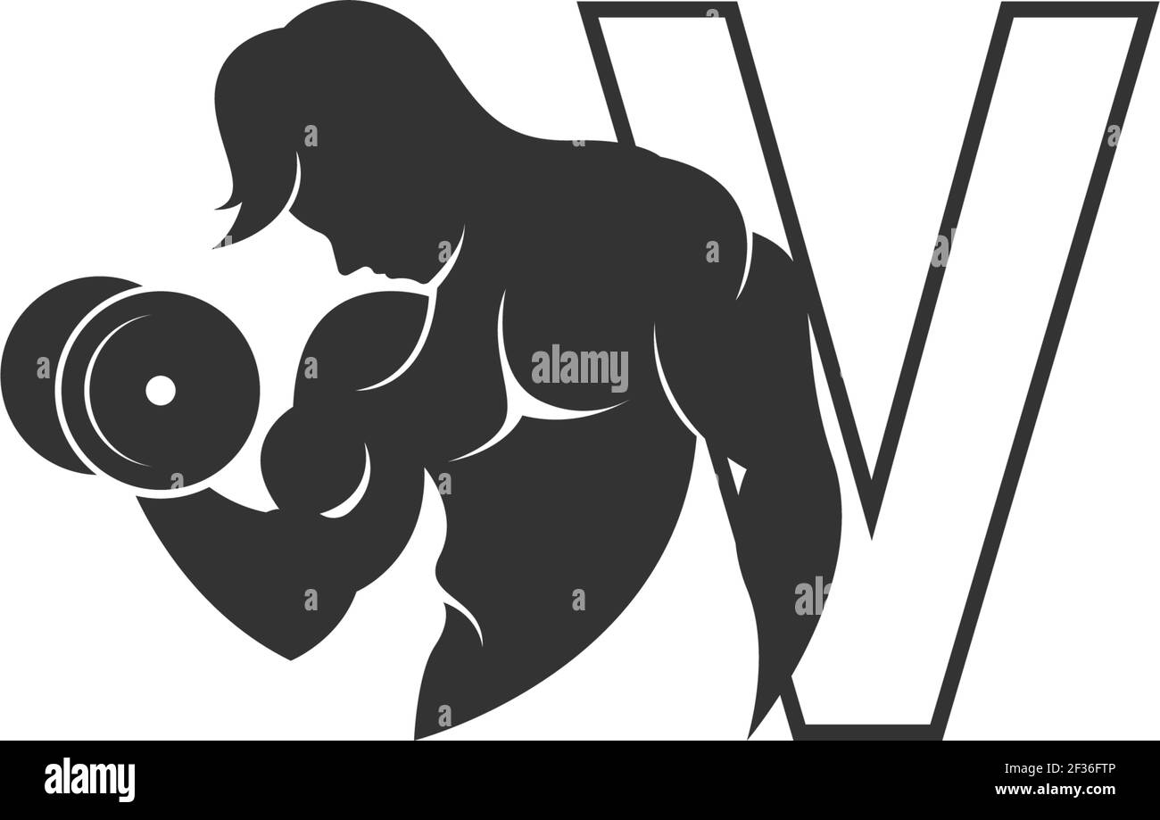 Letter V logo icon with a person holding barbell design vector ...