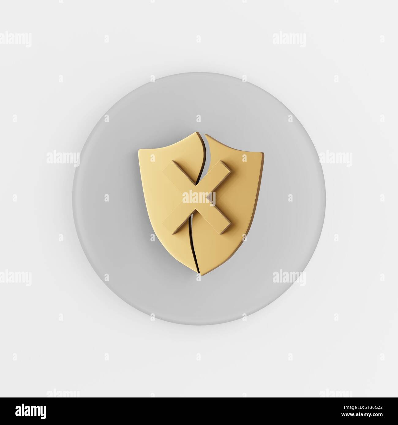 Golden broken shield icon. 3d rendering gray round key button, interface ui ux element Stock ...