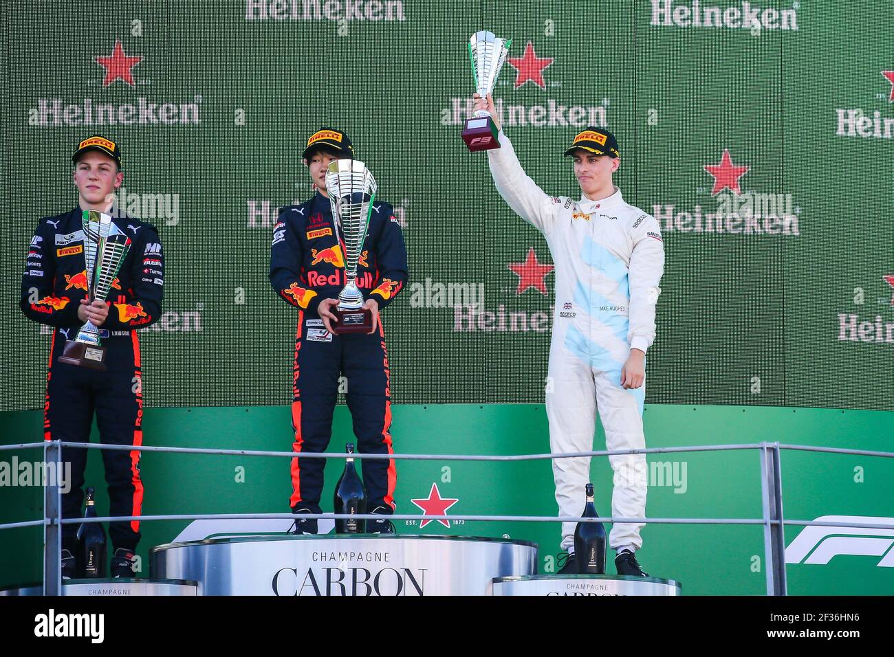 TSUNODA Yuki, Jenzer Motorsport, portrait, podium with LAWSON Liam and ...