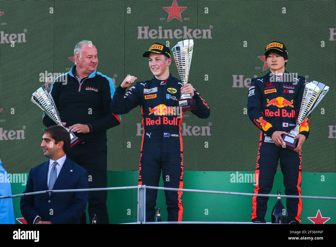 TSUNODA Yuki, Jenzer Motorsport, portrait, podium with LAWSON Liam ...
