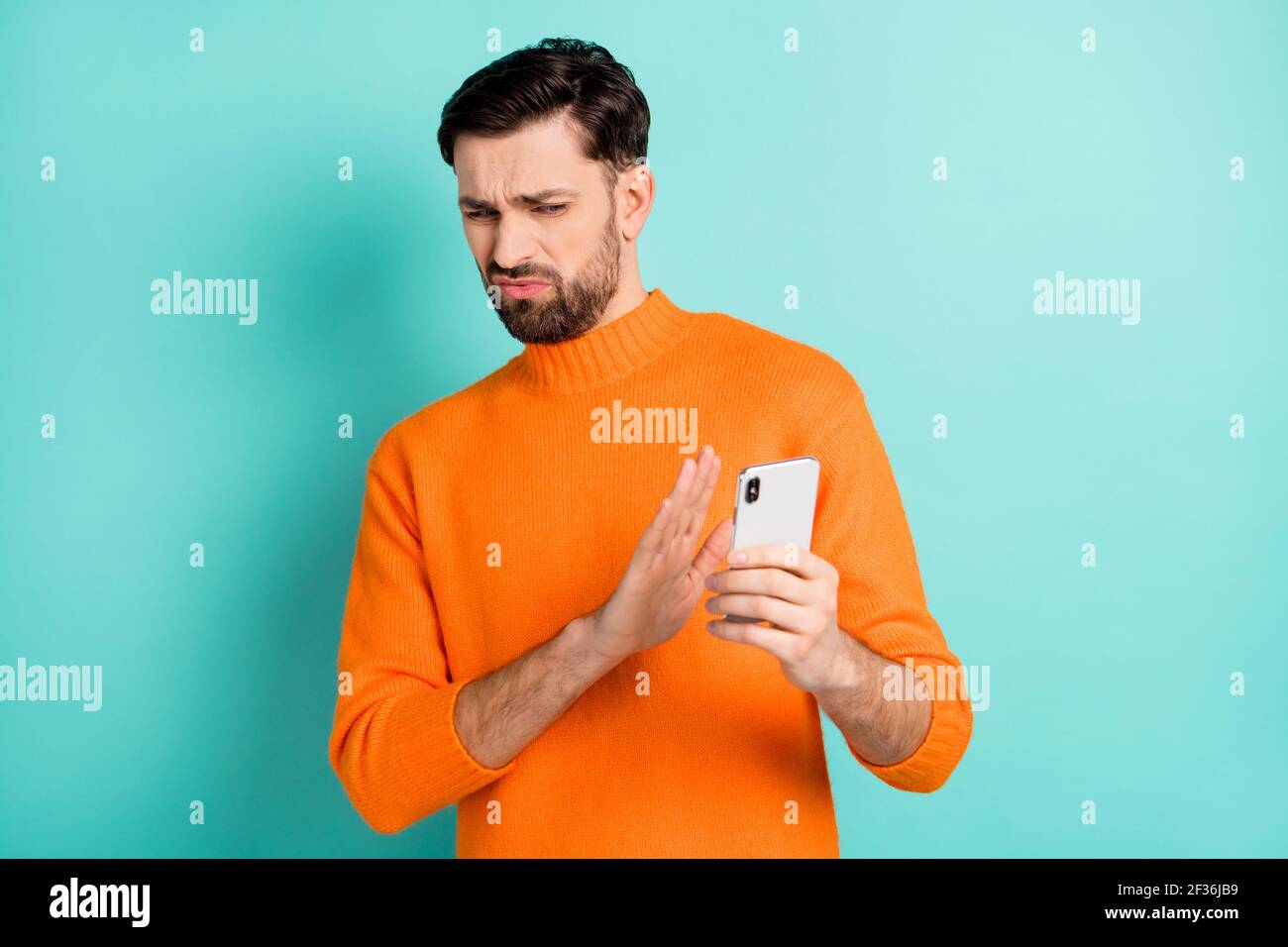 Photo of young man show hand no stop sign stop ban block disgusting use ...